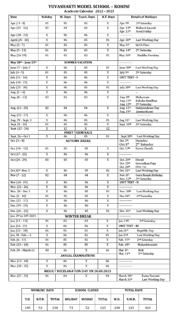 Academic Calendar - YMS Rohini